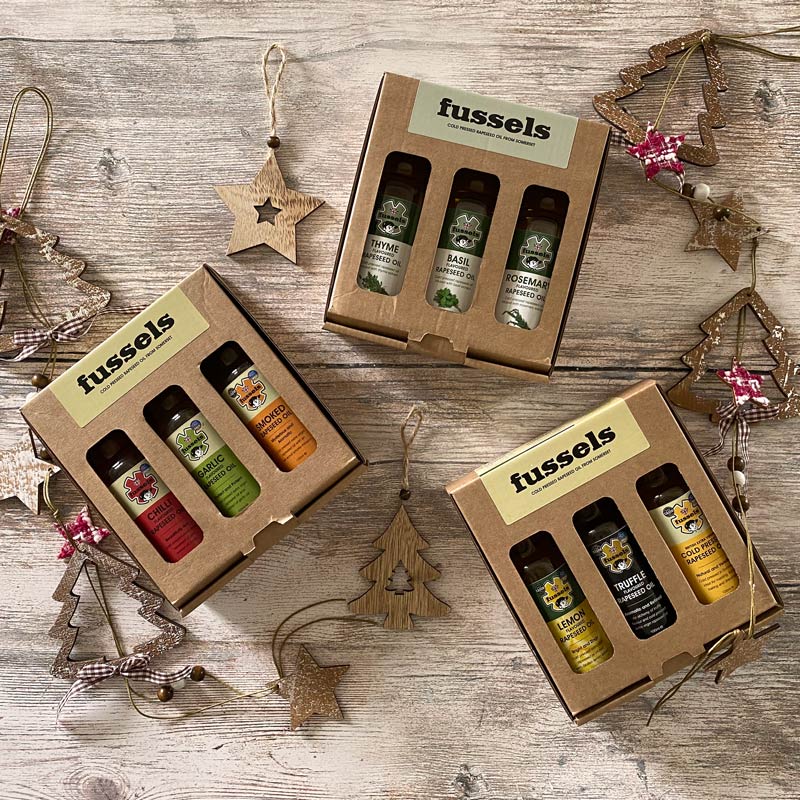 Trio of Flavoured Rapeseed Oil Gift Boxes (100ml Bottles) – Fussels ...