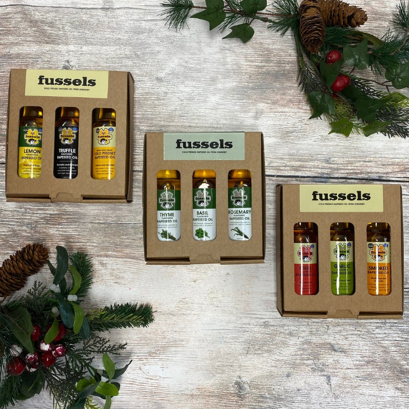 Trio of Flavoured Rapeseed Oil Gift Boxes (100ml Bottles) – Fussels ...