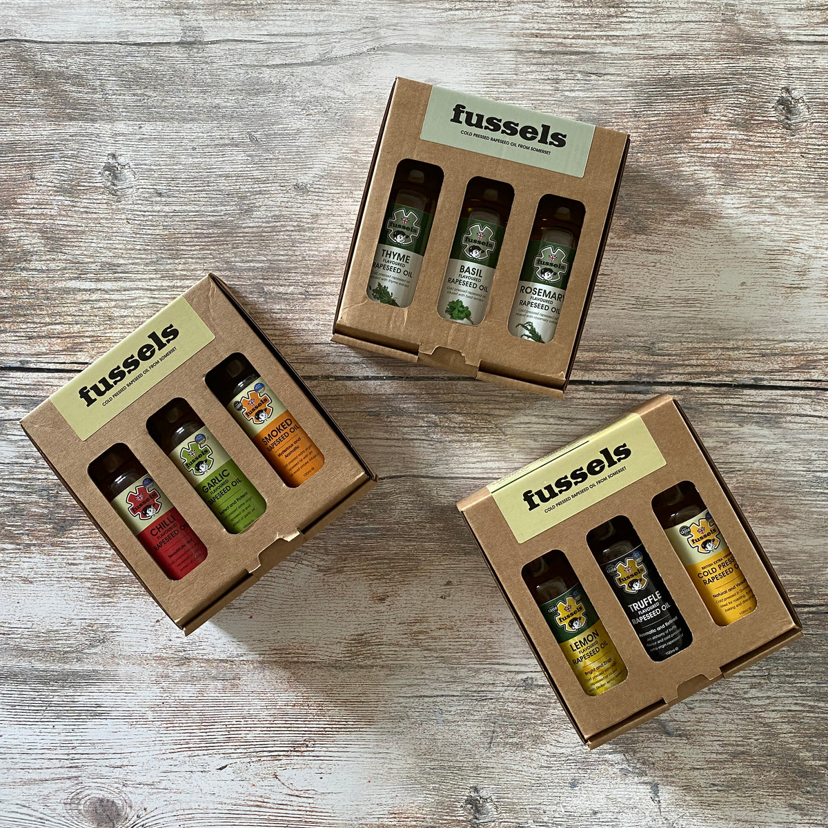 Trio of Flavoured Rapeseed Oil Gift Boxes (100ml Bottles) – Fussels ...